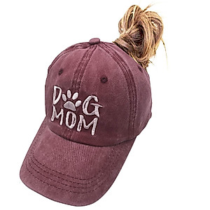 MANMESH HATT Dog Mom Ponytail Baseball Cap Messy Bun Vintage Washed Distressed Twill Plain Hat for Women (Red, One Size)