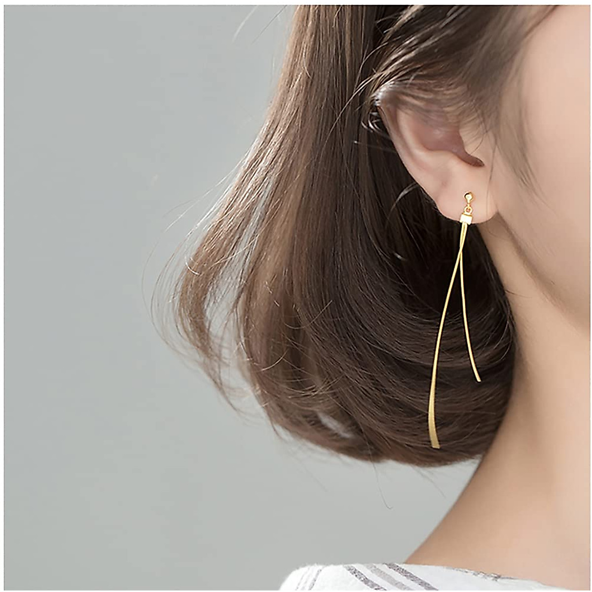 Reffeer Solid 925 Sterling Silver Tassel Chain Dangle Earrings for Women Teen Girls Long Dangle Drop Earrings Minimalist (B-18K Gold)