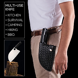 Crystalia Butcher Knife, Handmade Cleaver Knife for Meat Cutting, Hand Forged Full Tang Chef Knives with Sheath, Stainless Steel Big Bone Knife for Kitchen, BBQ, Camping, or Outdoor