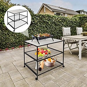 RIAHNEAH Outdoor Grill Cart with Wheels, Picnic Table with 3 layerStorage Shelves, Movable Dining Cart Worktable Trolley for BBQ, Portable Dining Cart Patio Bar Table