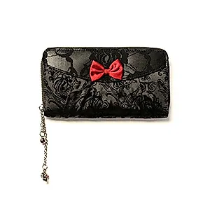 Lost Queen Victorian Gothic Princess Velvet Skull Flocked with Bows Zip Around Wallet