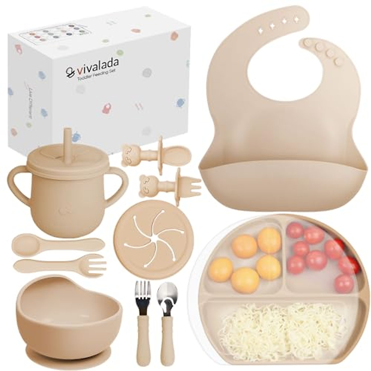 Vivalada Silicone Baby Feeding Set - Baby Led Weaning Supplies, Baby Suction Plate with Lid and Bowl, Toddler Self Feeding Spoons Forks Sippy Cup Adjustable Bib, Baby Utensils for 6-12 Months (Beige)