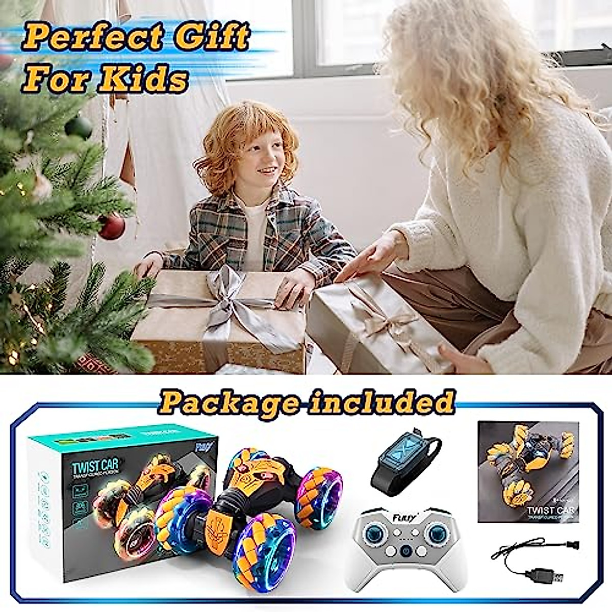 1:12 Gesture Sensing RC Stunt Car Toys 2.4GHz Rotating Wall Climbing Twist 4WD Large Remote Control Car Toys Off Road Monster Truck 360° Flips Lights with Music Drift Rc Car for Boys Age 8-12, Yellow