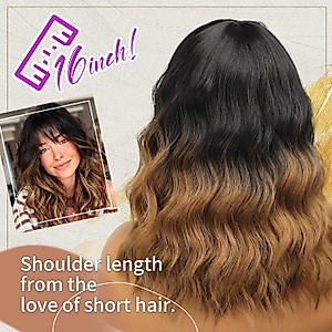 Nnzes Short Wavy Wig with Bangs for Women Shoulder Length Bob Curly Women's Charming Synthetic Wigs with Natural Wavy Black To Brown Heat Resistant Hair for Daily Party Use