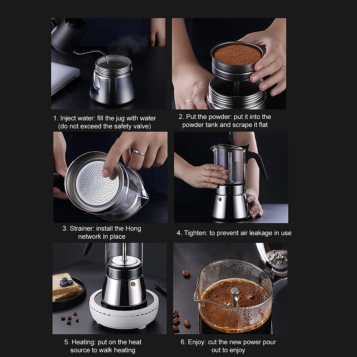 Zooke Classic Stovetop Espresso and Coffee Maker, Stovetop Espresso Maker Stainless Steel Italian Coffee Machine Maker, Crystal Glass 6 Espresso Cups Pot for Italian Cuban Café