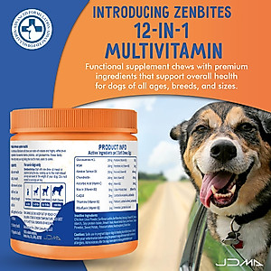 ZenBites 12-in-1 Dog Vitamins & Probiotics 120 Soft Chews - Organic Multivitamin with Glucosamine for Dogs - Joint Support Supplement for Dogs of All Ages,Sizes, & Breeds,Supports Skin,Heart,Immunity