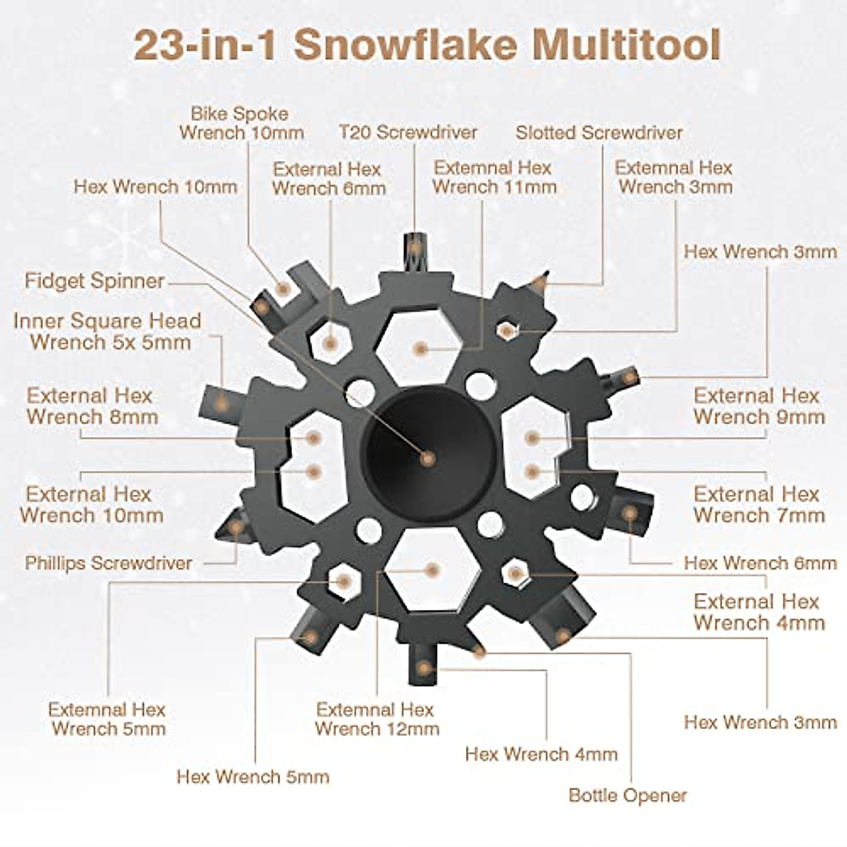 23-in-1 Snowflake Multitool, Roylvan Stainless Steel Snowflake Multi Tool Gadgets Flat Cross Screwdriver Kit Portable Outdoor Camping Bottle Opener Wrench with 2pcs Carabiners, Black
