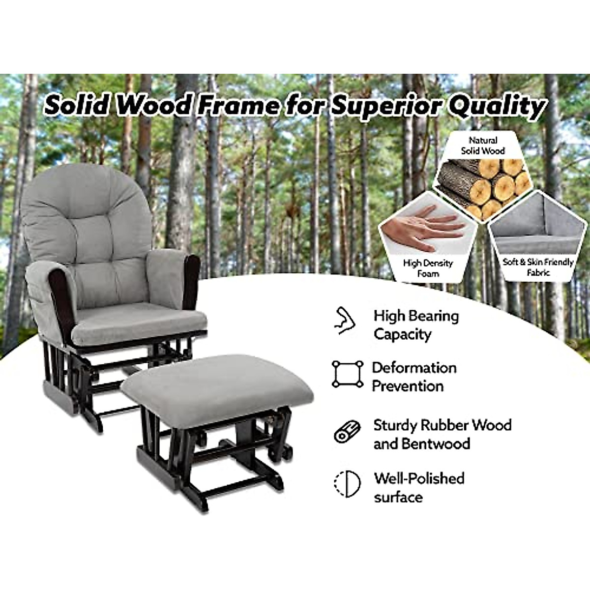 Naomi Home Brisbane Rocking Chair with Ottoman, Comfortable and Relaxing Glider and Ottoman Set for Nurseries Espresso, Dark Gray