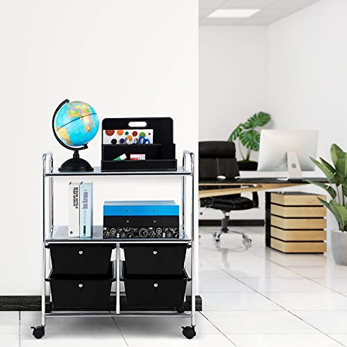 RELAX4LIFE Storage Cart W/Four Drawers, Wheels and Two Shelves, Stable Steel Frame Craft Cart for Office,Home, Make Up Storage and Files Arrangement Storage Cart Organizer (Black)