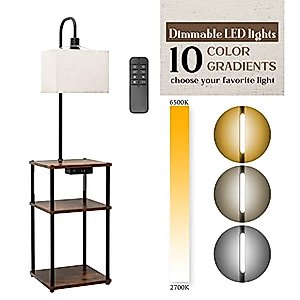 Pazarfami Floor Lamp with Table, Dimmable LED Standing Lamp with 4 Display Poles ,Bedside Table with USB Ports and Outlets, Remote Control Adjustable Color Temperatures & Brightness for Living Room