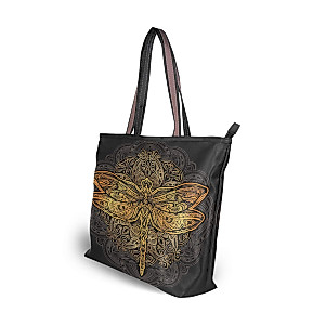 QMXO Ethnic Bird Dragonfly Black Handbags and Purse for Women Tote Bag Large Capacity Top Handle Shopper Shoulder Bag