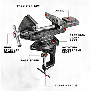 HimaPro Dual Purpose Bench Vise | Table Vise Clamp-On with Quick Adjustment Universal Rotate 360° - 3.3Inch Metallic Black - Portable Vise for Woodworking, Metal Stamping, and DIY Jobs