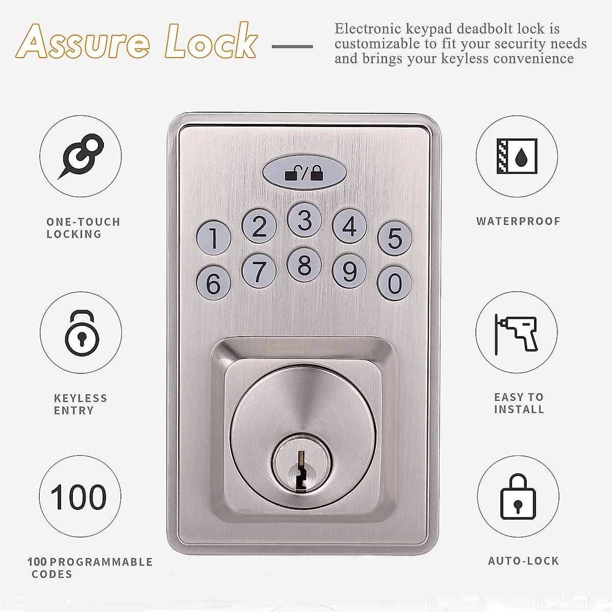 Probrico Keypad Lock, Electronic Deadbolt, Keyless Entry Door Lock with 100 Codes, Single Cylinder Smart Deadbolt Lock with Auto-Lock and Back-Lit, Easy to Install, Satin Nickel