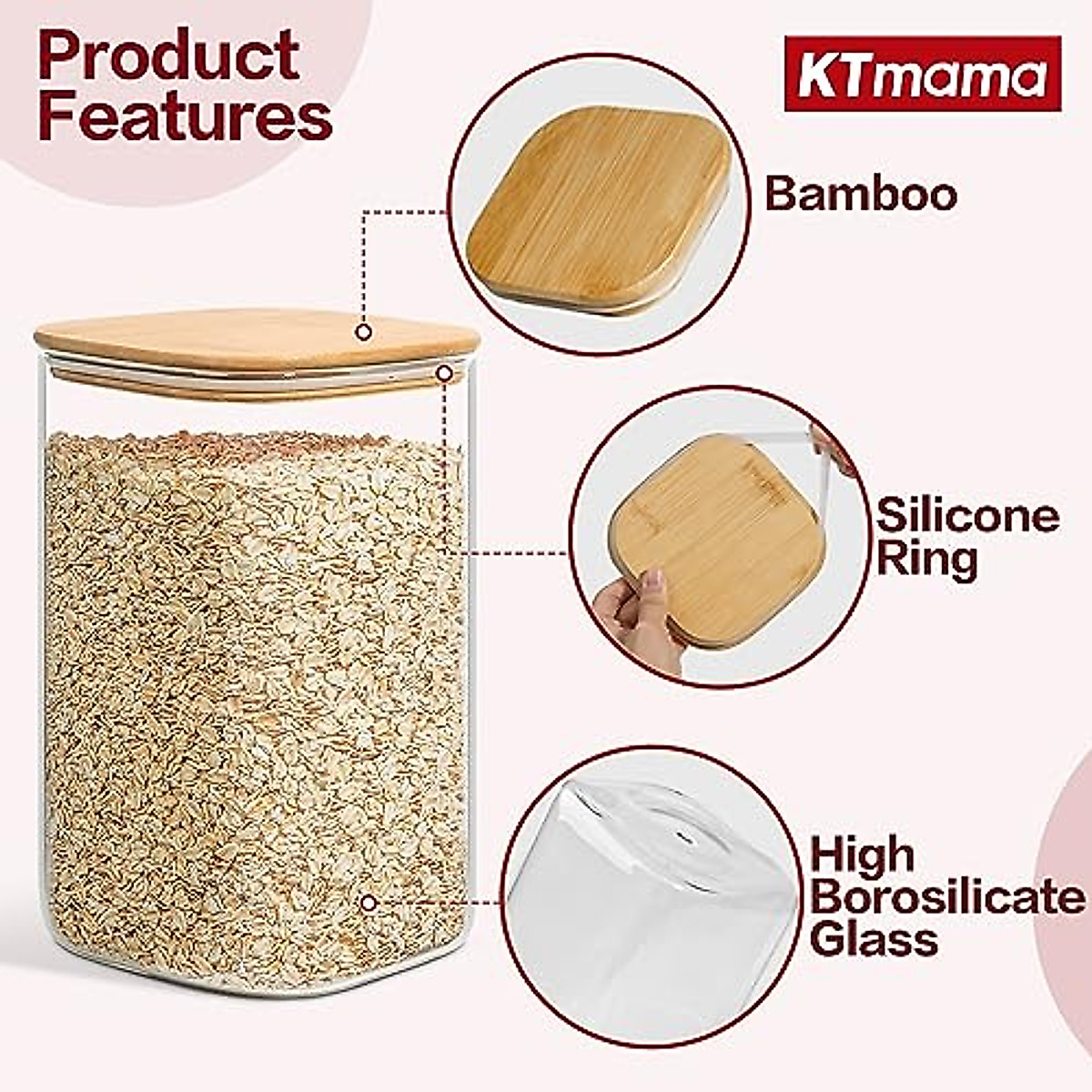 KTMAMA 1 Gallon Glass Jar with Bamboo Lid, Glass Food Storage Containers, 138 oz Cereal containers, Large Square Glass Jars with Bamboo Lids for Rice, Pasta, Oats, Grains, Cookies, Coffee Beans