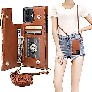 Bocasal Crossbody Wallet Case for iPhone 12/12 Pro with Card Holder,Zipper Card Slot Protector Shockproof Purse Cover with Removable Cross Body Strap 6.1 Inch(Brown)