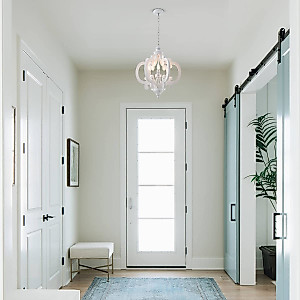 ELYCCUPA Farmhouse Chandelier 6 Candle Lights Distressed White Cottage Wood Chandelier Light Fixture Vintage Rustic Pendant Light for Dining Room Kitchen Bedroom Hallway Living Room, 21 INCH