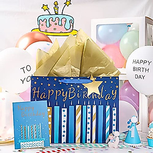 MAYPLUSS 16" Birthday Large Gift Bag with Greeting Card and Tissue Paper for Birhtday - Blue Gold Foil Candle Design