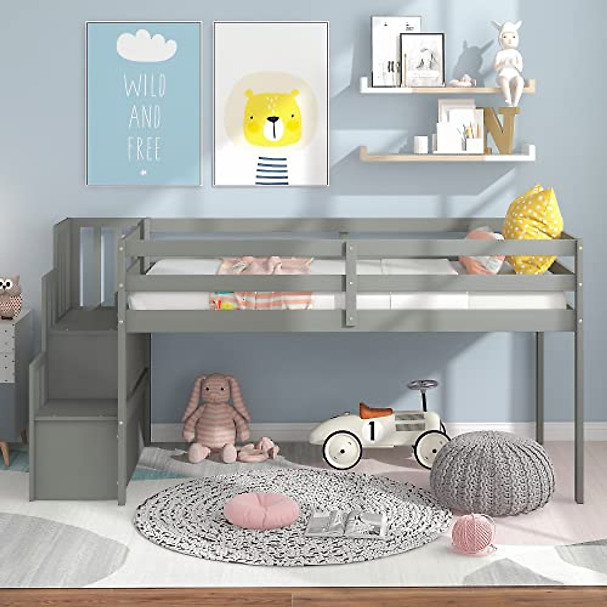 HomSof Loft Bed with Stairs and Storage,Gray