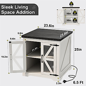 Farmhouse End Table with Charging Station, 24" Large Sofa Side Table with Glass Barn Door, White Nightstand with Adjustable Storage Shelf, Rustic Wood Bedside Table for Living Room, Bedroom