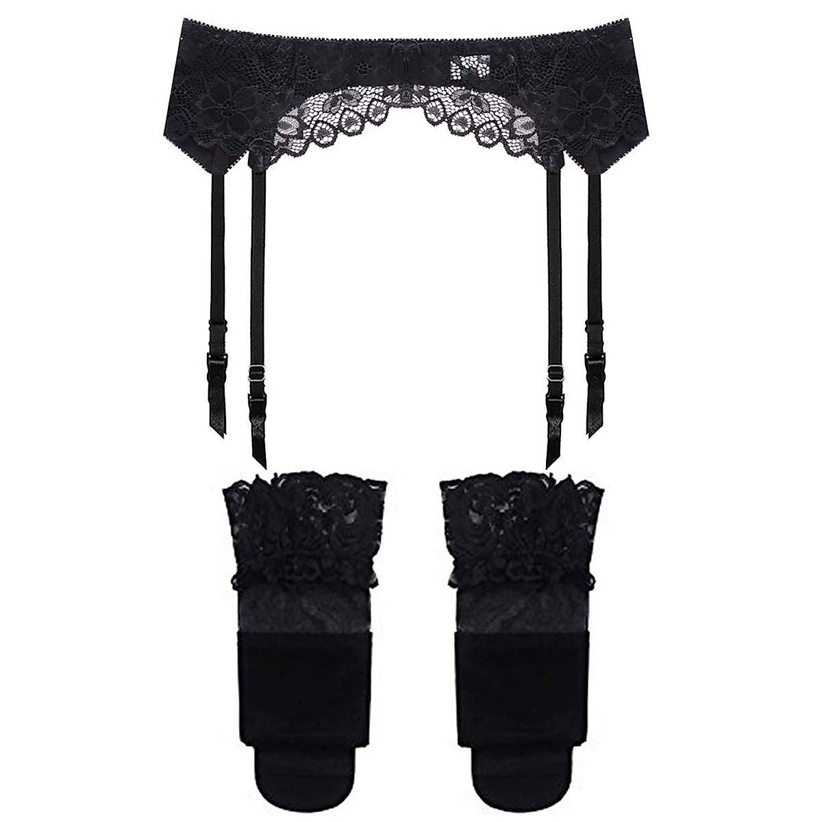 Garter Belt and Stockings - Women's Black Lace Metal Clips Suspender Belt With Thigh High Stockings