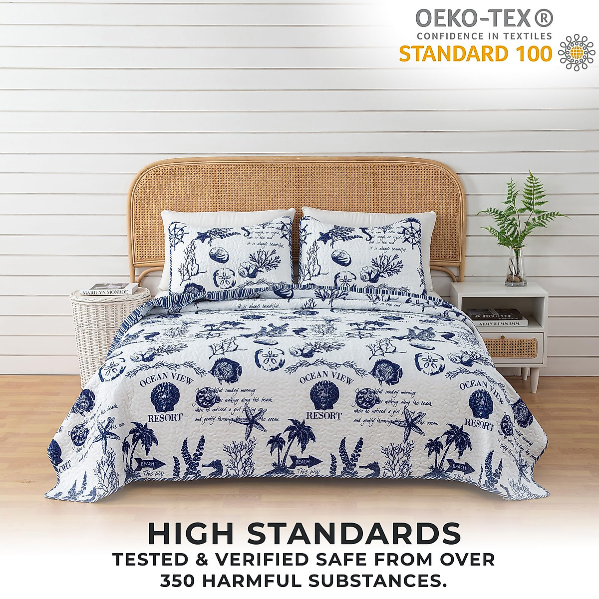Great Bay Home Twin/Twin XL Coastal Bedding Set, Summer Coastal Quilt with Sham, Beach 2-Piece Reversible All Season Bedspread Quilt Set. Lightweight Nautical Quilted Coverlet. Navy