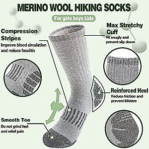 Sandsuced Kids Merino Wool Hiking Socks Girls Boys Winter Thermal Warm Cozy Boot Thick Cushion Gift Stocking Stuffers Socks 4 Pairs(Grey,4-7 Years)