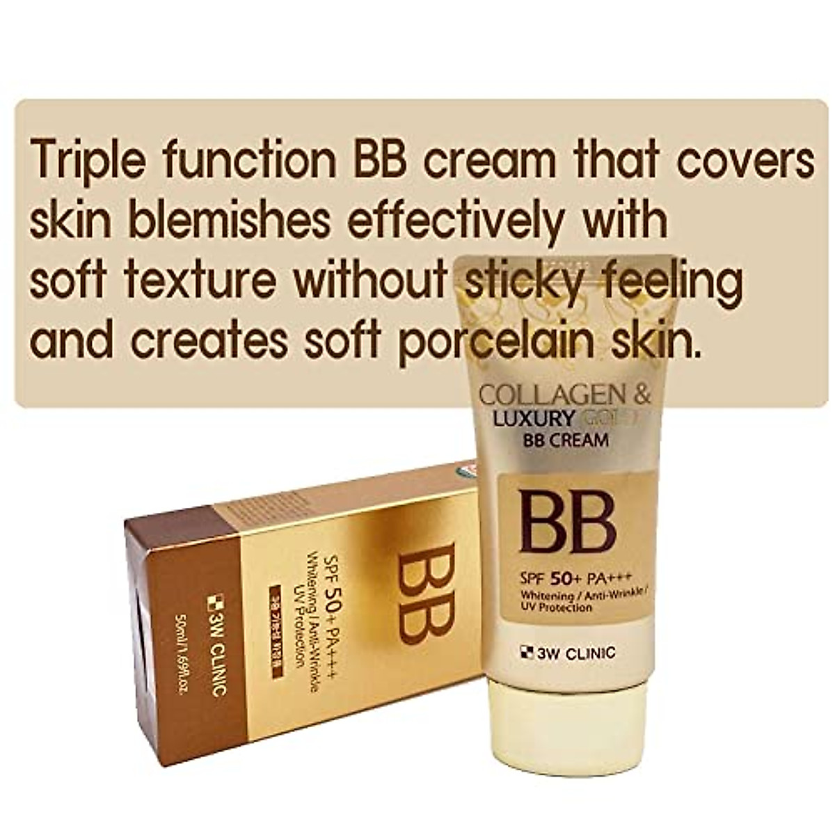 3W CLINIC Collagen & Luxury Gold BB Cream 1.69Oz SPF50+/PA+++ Wrinkle Care