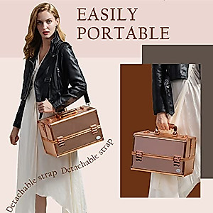 Joligrace Makeup Train Case Professional - 13.5 Inch Portable Artist Lockable Aluminum Cosmetic Organizer Storage Box with 4 Adjustable Dividers Trays 2 Locks and Shoulder Strap Rose Gold