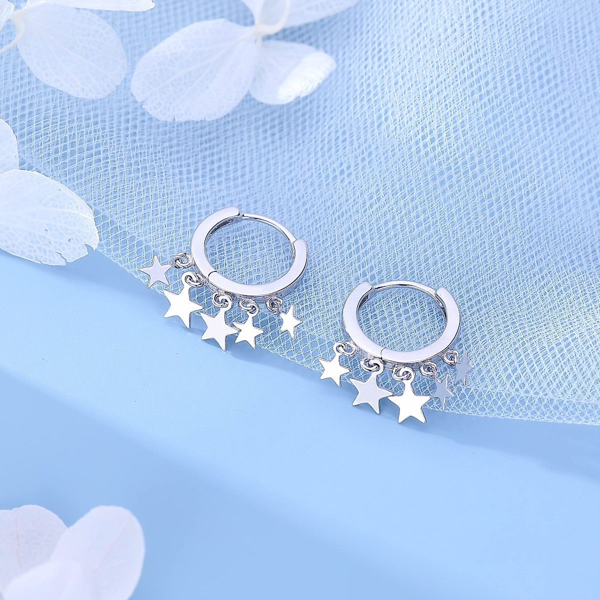 SLUYNZ 925 Sterling Silver Star Hoop Earrings for Women Shiny Star Earrings Hoop (A-Silver)