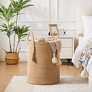 Jute Woven Rope Laundry Hamper, Tall Laundry Basket for Blanket Storage, Large Dirty Clothes Hamper for Toys, Decorative Baby Nursery Hamper for Bedroom, Living Room - Jute Brown, 72L