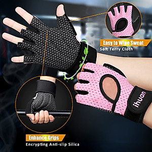 ihuan Breathable Weight Lifting Gloves: Fingerless Workout Gym Gloves Wrist Support Palm Protection Extra Grip for Fitness Rowing Pull-ups