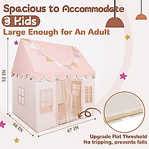 Kids Play Tent with Non-Slip Mat, Star Lights, Decorating Flag, Dots Curtains Playhouse with 4 Windows, Machine Washable, Indoor and Outdoor Play Tent for Kids, Girls, Pink, 47" x 40" x 52"