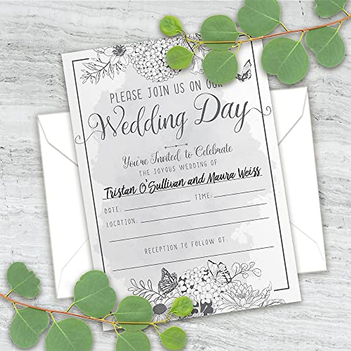 Wedding Invitation Kit with Envelopes - Wedding Drawing Florals Themed Invitations & Envelopes Minimalist Blank Wedding Invitations, Invitation Wedding Kit Set of 25 Beautiful Invitations