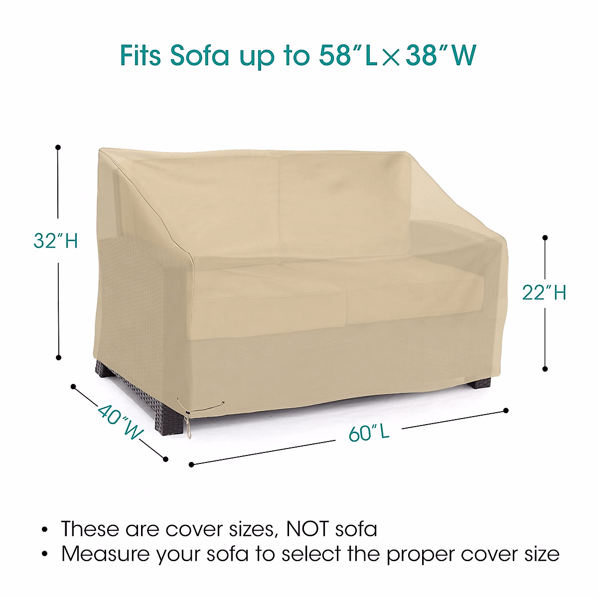 SunPatio Waterproof Patio Sofa Covers, Heavy Duty Outdoor Furniture Covers, Deep Seated Loveseat Covers with Air Vent/Closure Straps/Drawstrings, All Weather Protection, 60" L x 40" W x 32" H, Beige