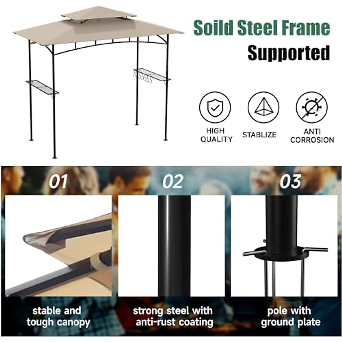 DikaSun Grill Gazebo 8 x 5 Double Tiered Outdoor BBQ Covering Canopy Shade for Patio Barbecue Gazebo Backyard Tent Shelter and 10 Hooks(Sand)