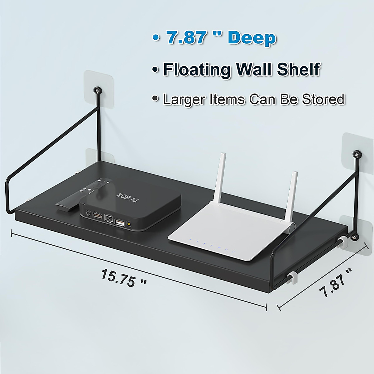 Wisfame Black Floating Shelf for AV Device, Wooden Wall Shelves for Projector, DVD Player, Cable Boxes, Modem, WiFi Router, Wall Mounted Shelf for Living Room, Bedroom, Bathroom (1 Tier)