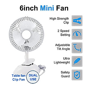 6 inch 2 speed-Adjustable Tilt, 2 in 1 clip and table fan Personal Clip On Fan plug in clip fan For The Home, Office, Dorm White color Fan