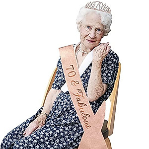 70th Birthday Decorations for Woman, 70th Birthday Sash, Tiara Crown, Canvas Makeup Bag, Cake Topper & Candles, 70th Birthday Gifts for Her Birthday Party