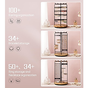 Homde 360 Rotating Jewelry Stand Hold up to 48 Pairs of Earrings and 34 Necklaces Jewelry Tower Tree Earring Necklace Bracelet Display Organizer with Solid Wood Base (Brown + Black)