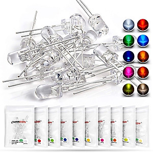 CHANZON 100pcs 5mm LED Diode Lights Assortment 10 Colors x 10pcs Diodes (Clear Transparent Lens) Emitting Lighting Bulb Lamp Assorted Kit Variety Color White Red Yellow Green Blue Orange UV Pink