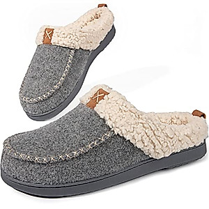 LongBay Women's Wool Felt Sherpa Memory Foam Slippers with Plush Fleece Lining Slip on Moc Clogs Indoor Or Outdoor (X-Large / 11-12, Gray)