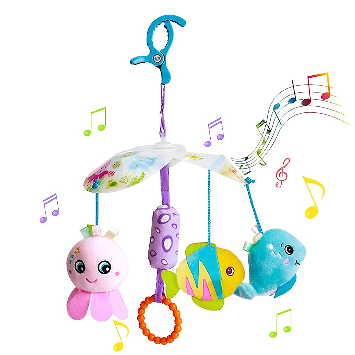 Cute Car Seat Hanging Toys for Baby, C Clip Hanging Ocean Animal Soft Toys with Rattles BB Squeaker Distorting Wind Chime for Boys Girls 0 3 6 12 Months