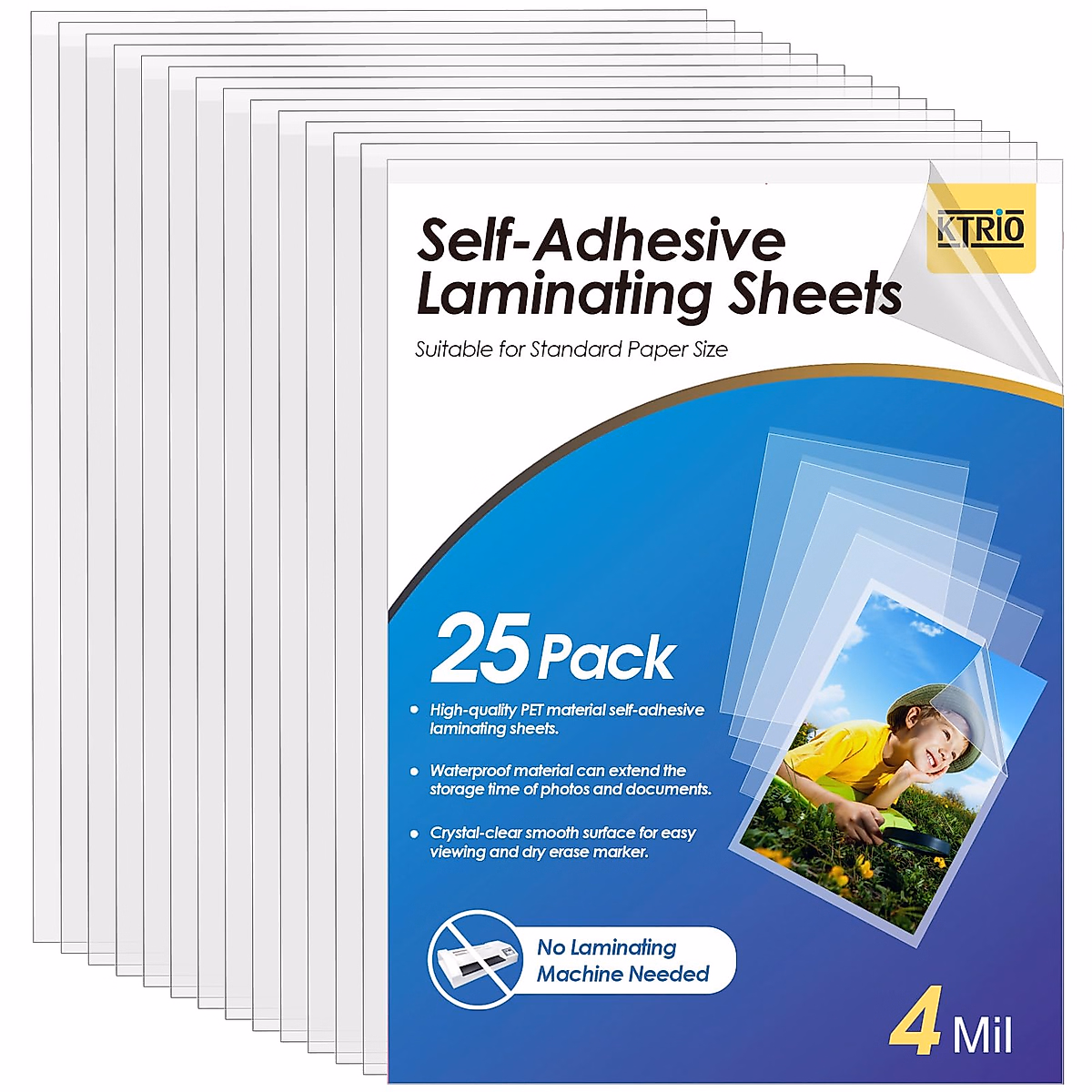 KTRIO Self-Adhesive Laminating Sheets 8.5 x 11 inches, 25 Sheets, 4 Mil Thickness, Clear Self Sealing Laminate Sheets for Crafts, No Machine Needed Self Laminating Sheets