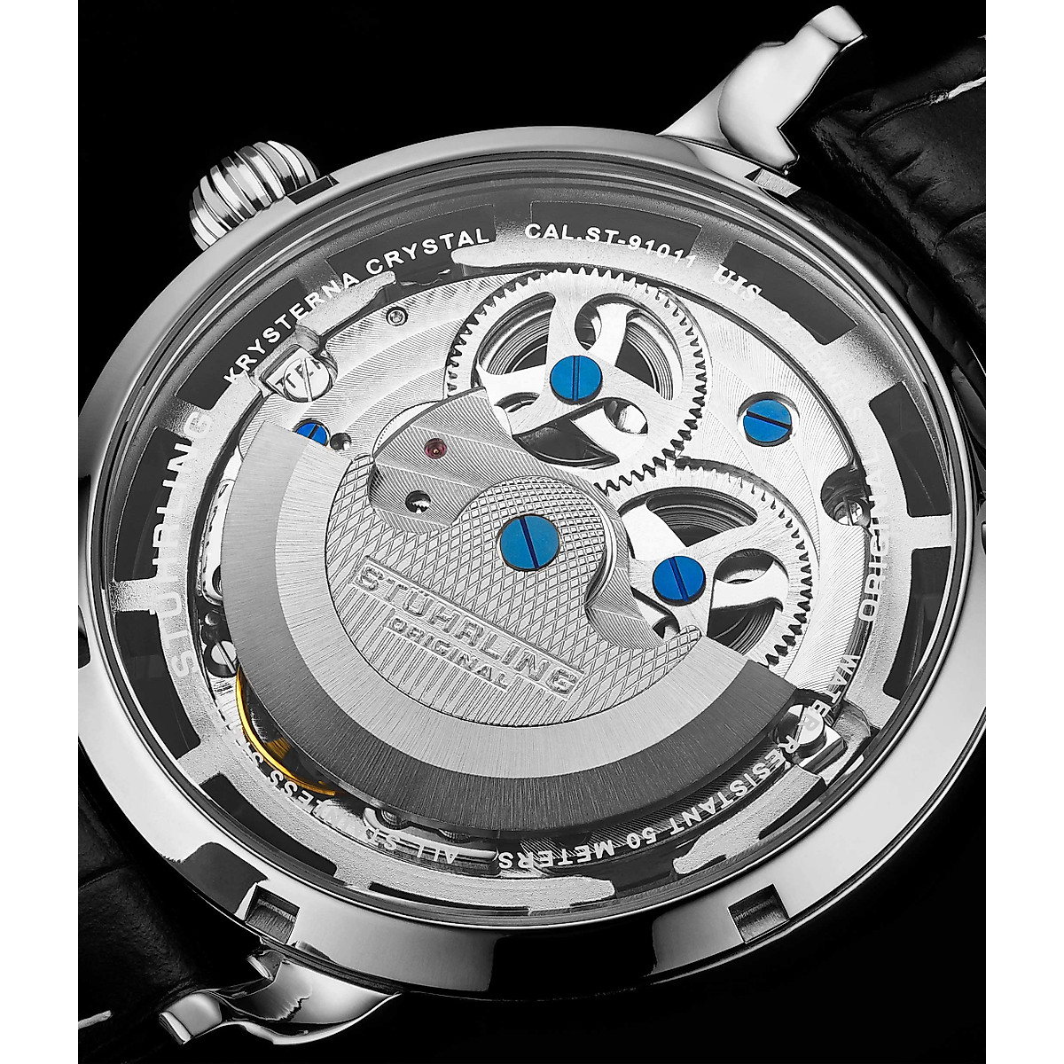 Stuhrling Original Legacy Men's Automatic Watch Stainless Steel 46 MM Case Genuine Leather Strap Watch Black (Silver)