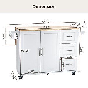 Unovivy Large Kitchen Island Cart with Drop Leaf, Kitchen Island with Storage, Rolling Kitchen Island with Adjustable Shelf Inside Cabinet, 3 Drawers, Spice Rack, Towel Rack and Wood Table Top(White)