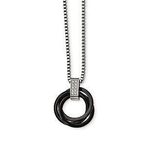 Solid Stainless Steel Multi Circle Black Ceramic CZ Cubic Zirconia Pendant Necklace Charm Chain 22"