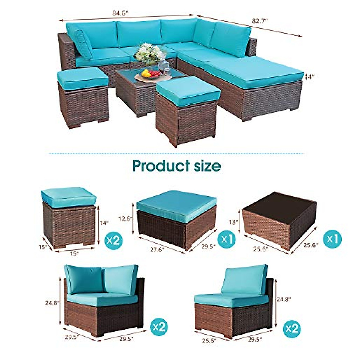 OC Orange-Casual 8 Piece Patio Sofa Set Brown Wicker Sectional Sofa with Turquoise Seat Cushions & Tempered Glass Coffee Table & Ottomans…
