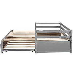 KLMM Extendable Daybed with Trundle, Twin or Double Twin Foldable Daybed, Solid Wood Sofa Bed Designed for Bedroom/Living Room/Apartment/Hotel (Gray_Simple)