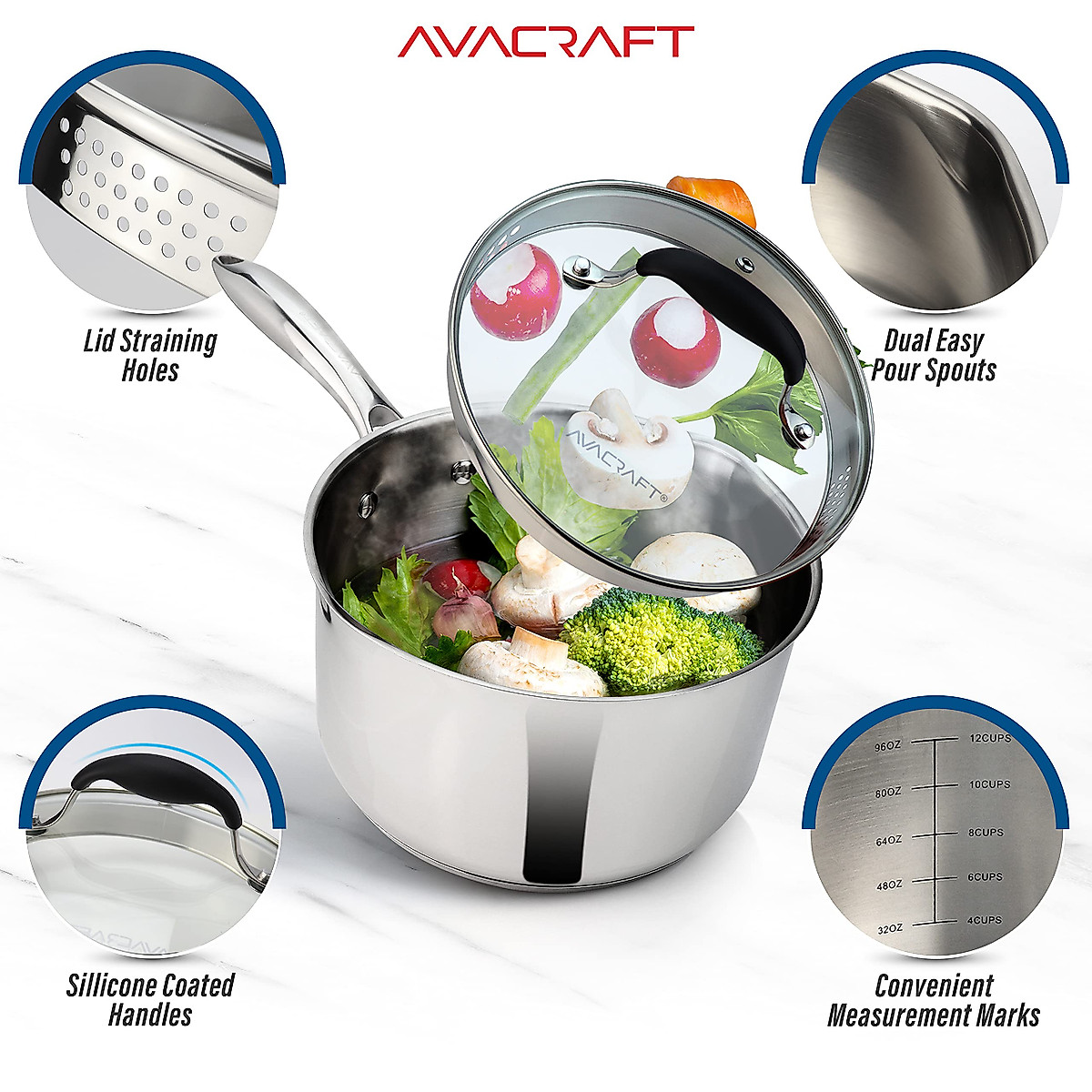 AVACRAFT Stainless Steel Saucepan with Glass Lid, Strainer Lid, Two Side Spouts for Easy Pour with Ergonomic Handle, Multipurpose Sauce Pan with Lid, Sauce Pot (Tri-Ply Capsule Bottom, 3.5 Quart)