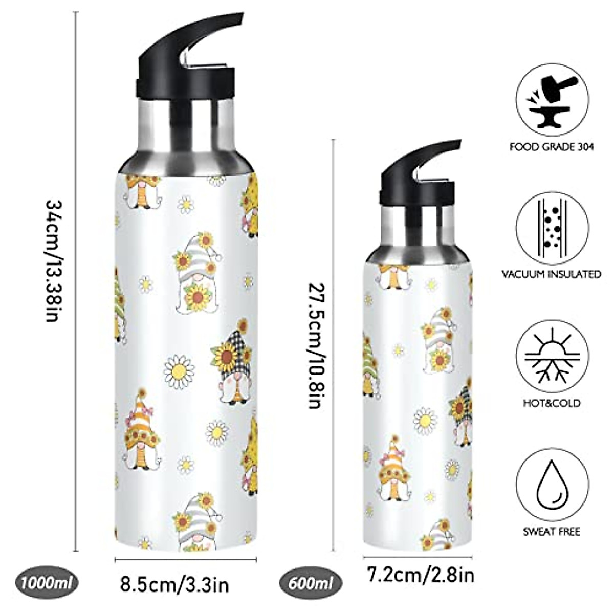 Kigai Sunflower Gnome Water Bottle with Straw Lid 32oz Vacuum Insulated Stainless Steel Sport Water Bottles for Gym, School, Travel